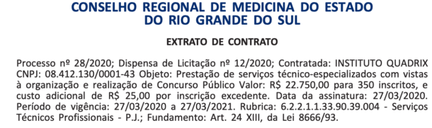 Concurso CREMERS divulga extrato de contrato firmado com o Quadrix
