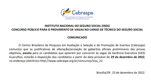Concurso INSS: banca emite comunicado sobre os gabaritos