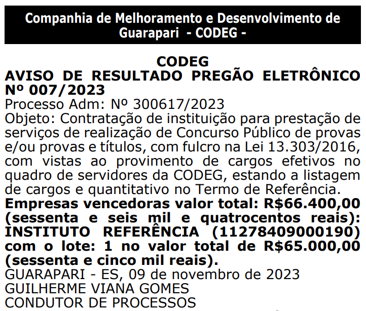 Concurso CODEG Guarapari: Instituto Referência é a banca!